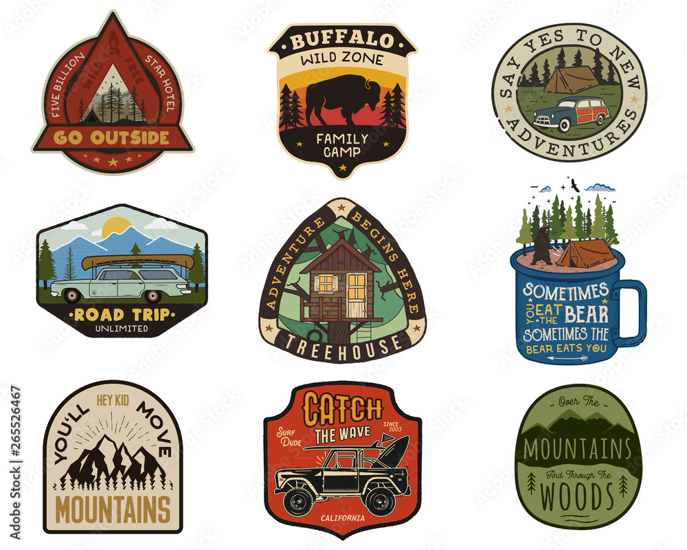 Vintage travel logos patches set. Hand drawn camping labels designs ...