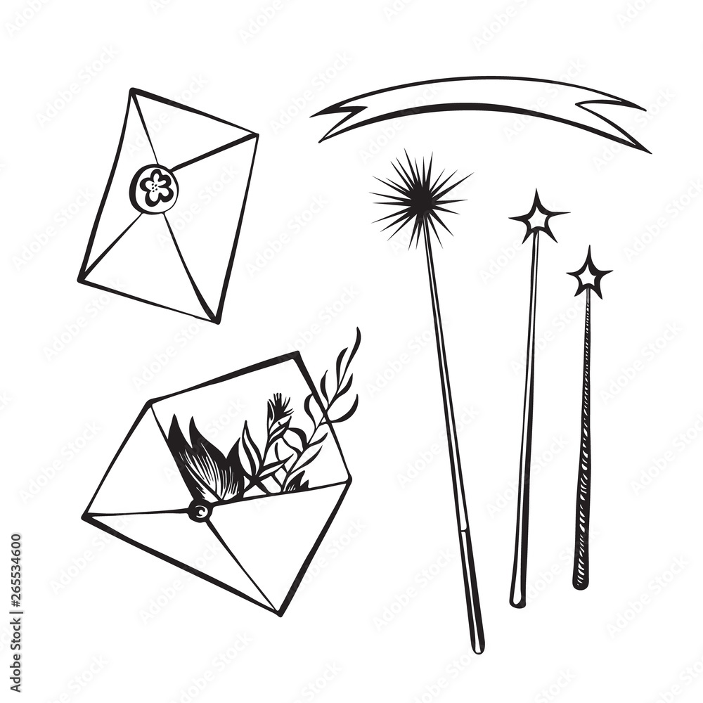 Hand drawn envelopes and magic wands outline sketch. Vector magic black ...