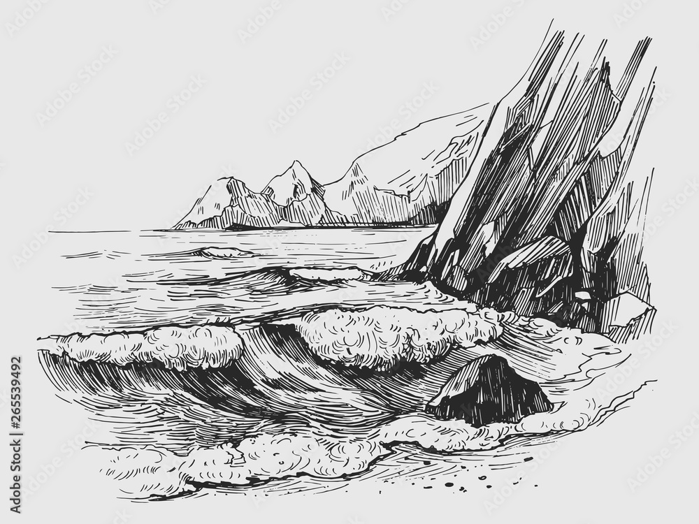 Sea sketch with rocks and mountains. Hand drawn illustration converted ...