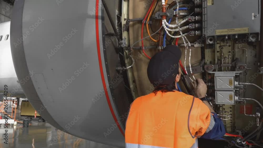 Engineer, technician examines the jet engine with a flashlight. The ...
