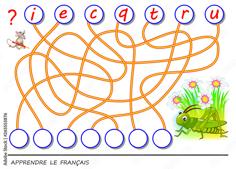 Logic puzzle game for study French language with cute cricket. Find the ...