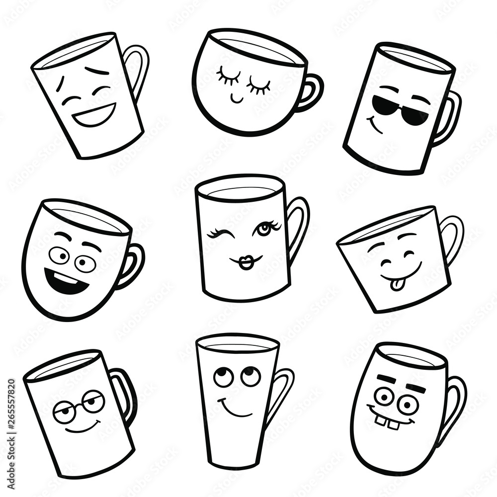 Set of mugs illustration with cute characters. Different funny emoticon ...
