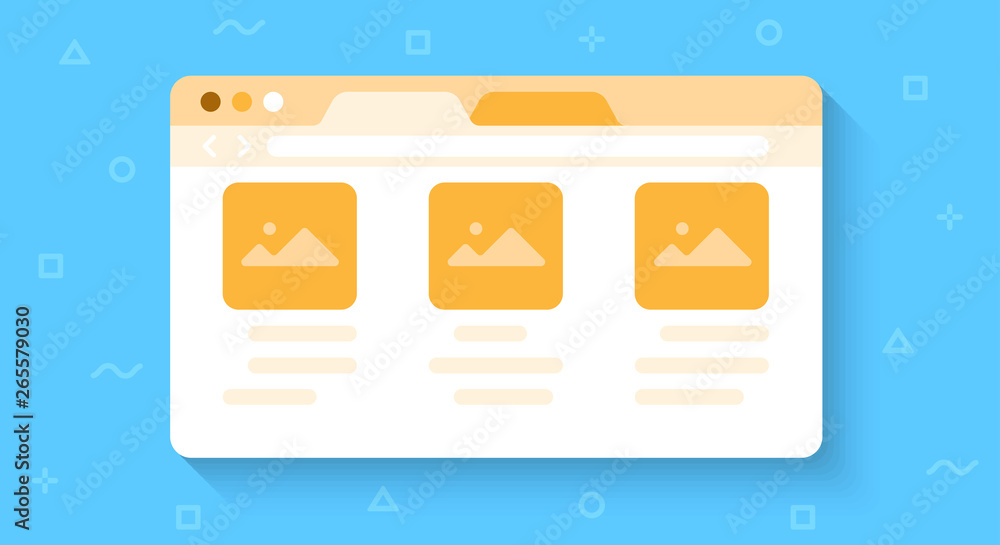 Colorful web browser window isolated on blue background. Simple design ...