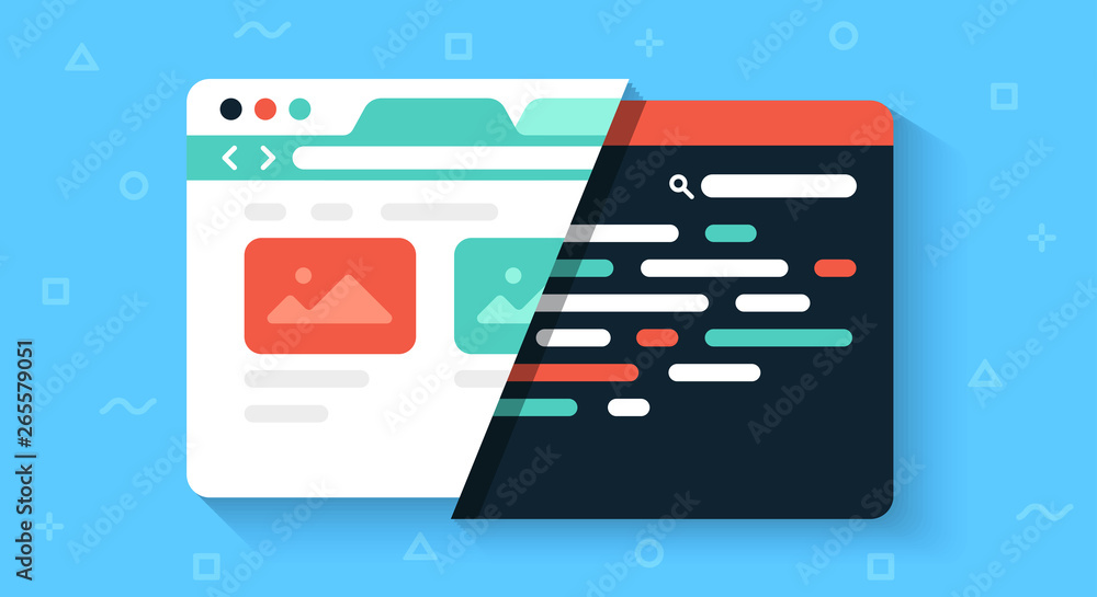 Colorful web browser window isolated. Design and code. Web development ...