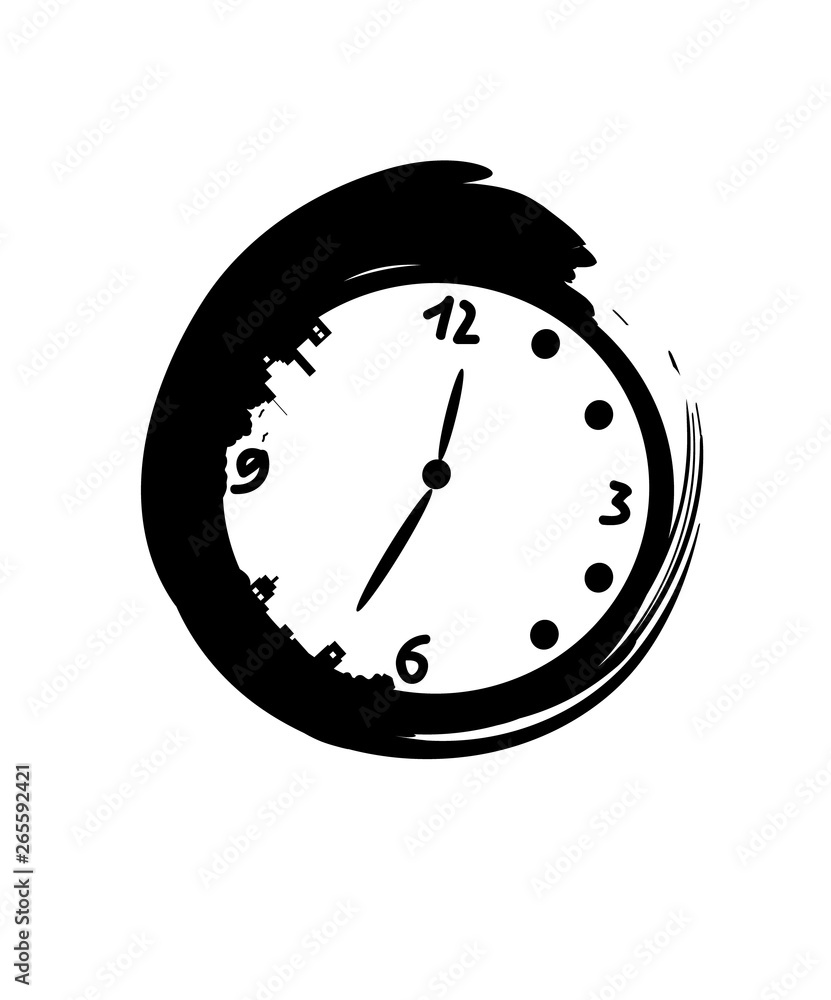 graphic drawing with a clock and brush stroke in a circle, black and ...