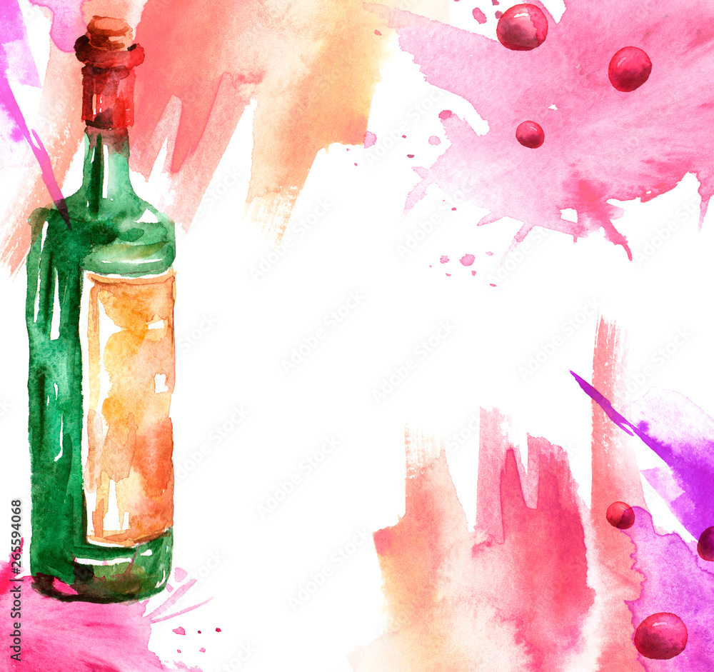 Watercolor drawing, postcard, invitation. Spilled wine, a fallen glass ...