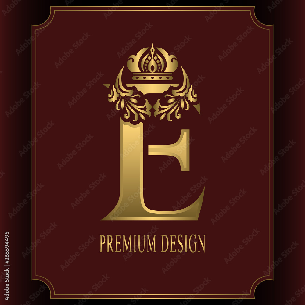 Gold Letter E with Crown. Graceful Royal Style. Calligraphic Beautiful ...