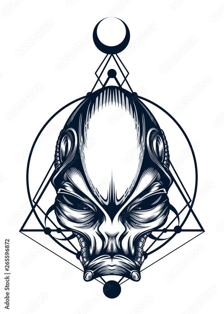 Alien portrait mascot in monochrome style with sacred geometry design ...