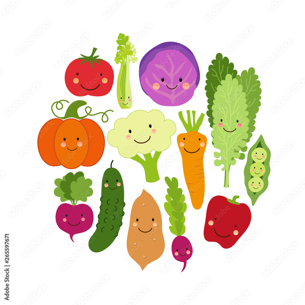 Cute Eat Veggies background with smiling cartoon characters of ...