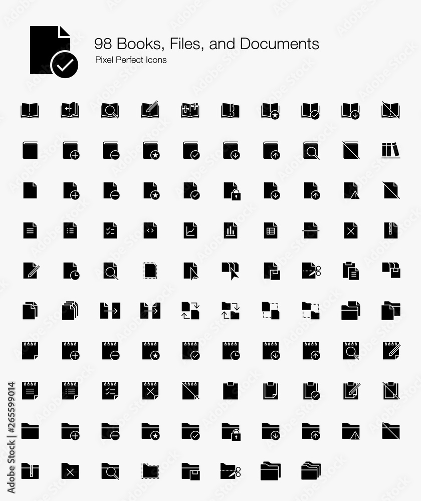Vetor de 98 Books, Files, and Documents Pixel Perfect Icons (Filled Style). Vector icons of ...