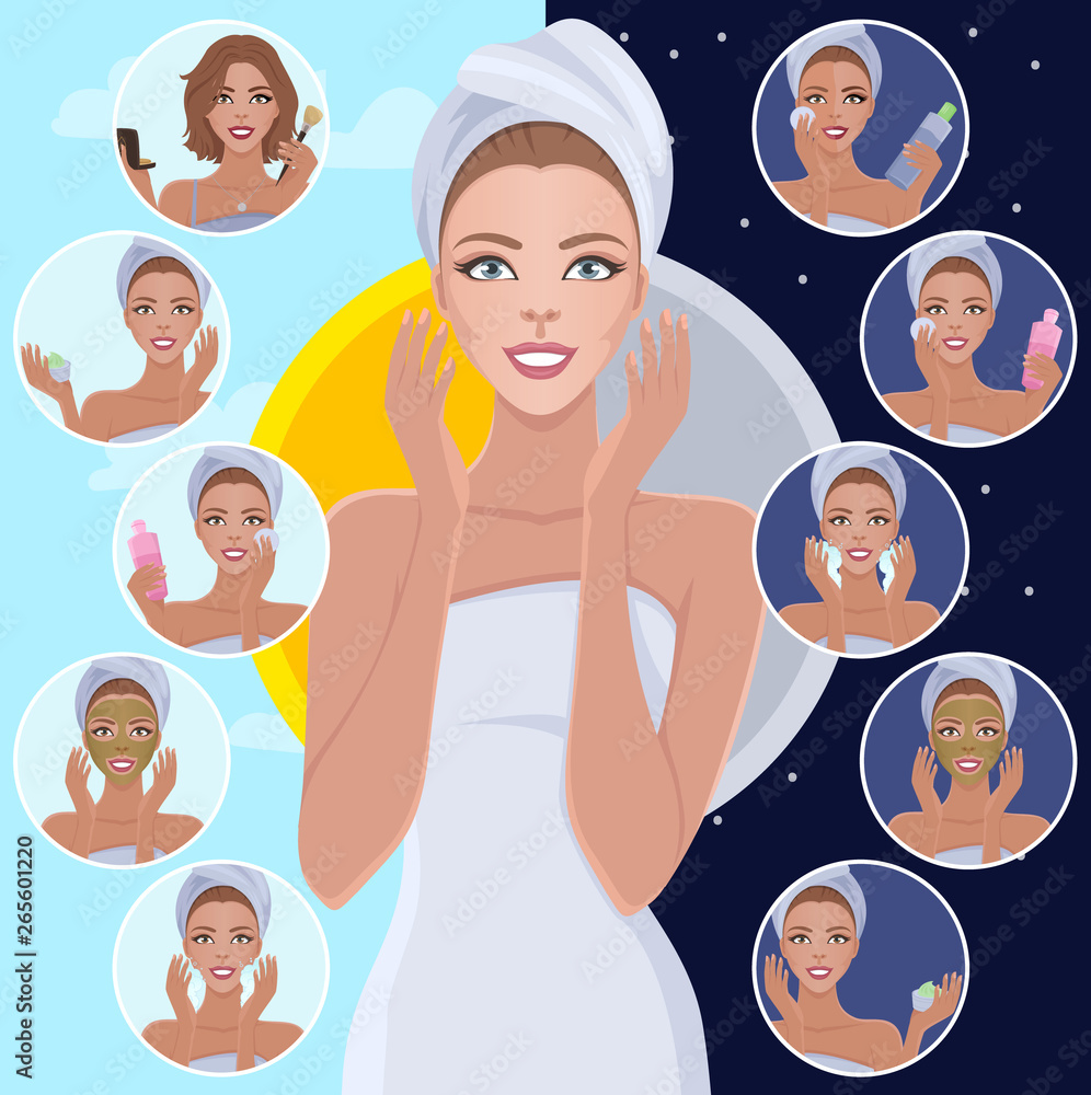 Skin care daily routines icon set. Infographic poster. Vector ...