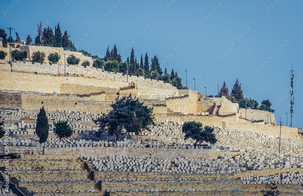 Aerial view of Jewish Cemetery on the Mount of Olives, includes the ...