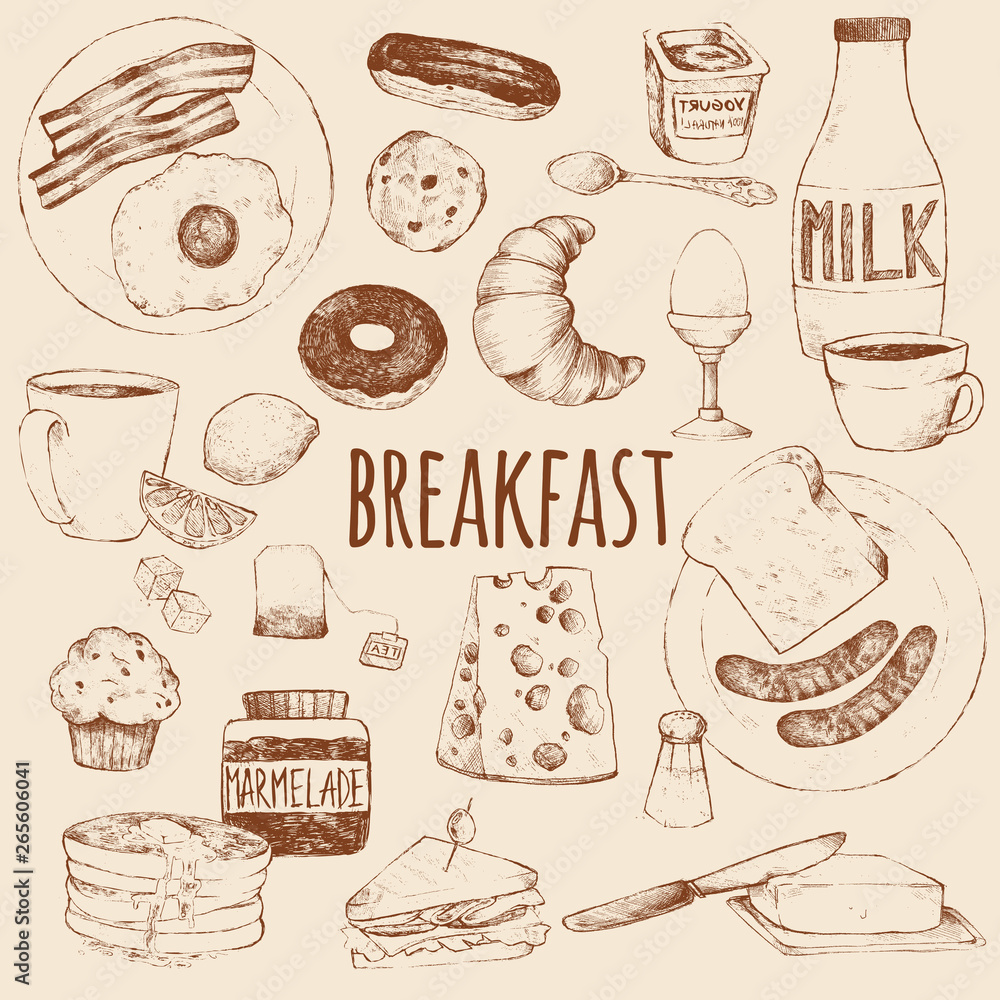 Breakfast. Vector doodle set. Scrambled eggs, bacon, croissant, donut ...