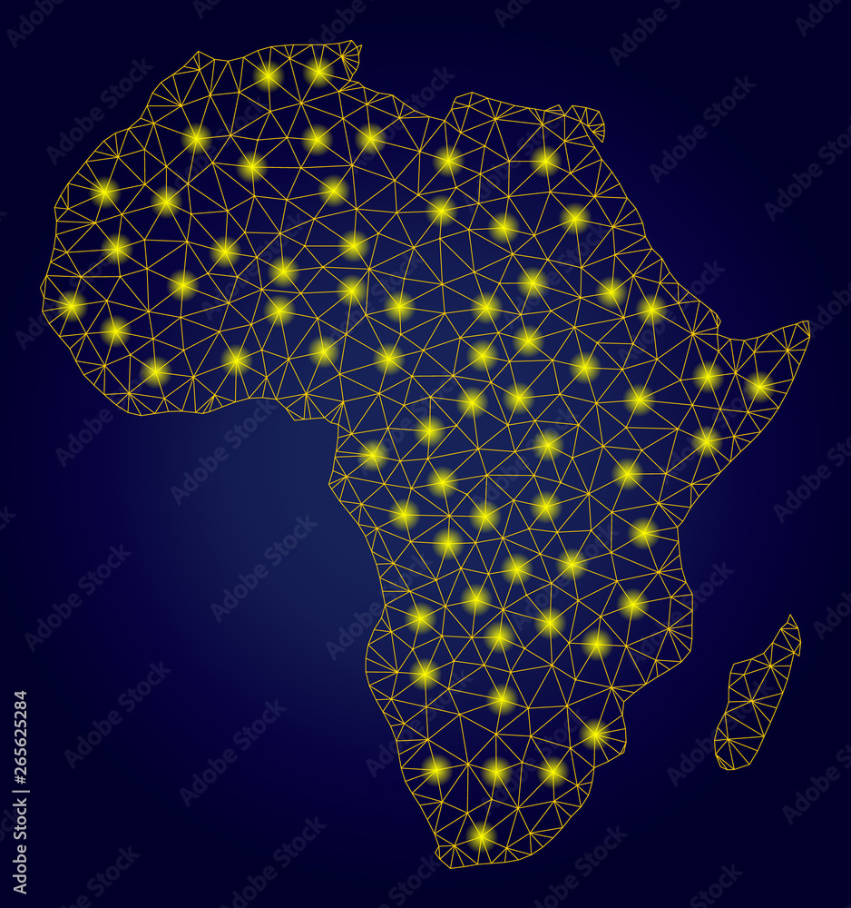 Yellow mesh vector Africa map with glare effect on a dark blue ...