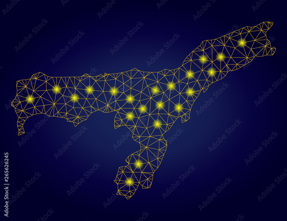 Yellow mesh vector Assam State map with glare effect on a dark blue ...