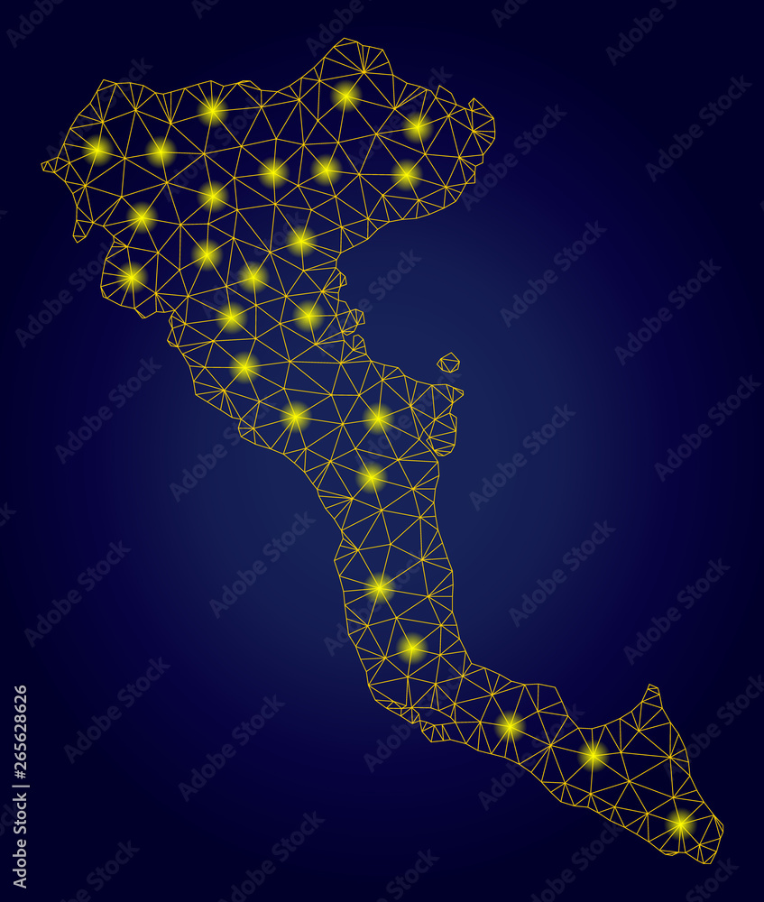 Yellow mesh vector Corfu Island map with glare effect on a dark blue ...