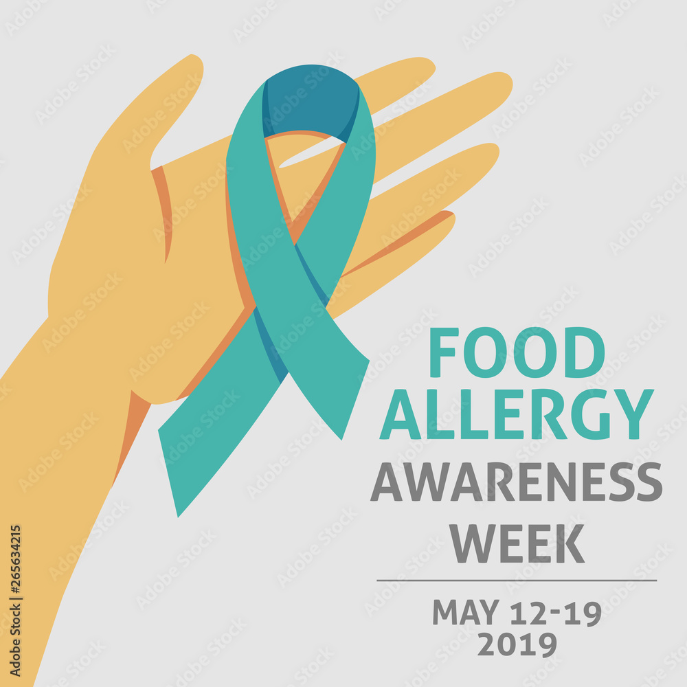 A square vector image with a teal ribbon as a symbol of a food allergy ...