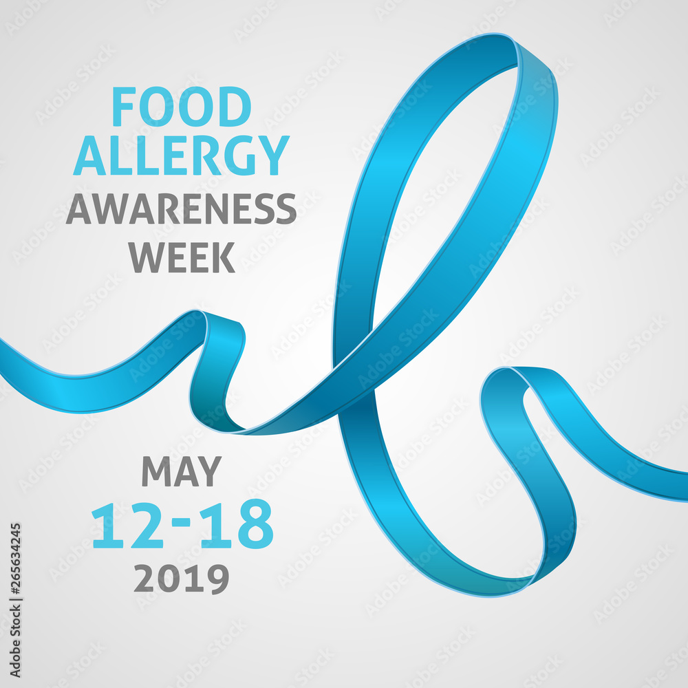 A square vector image with a teal ribbon as a symbol of a food allergy ...