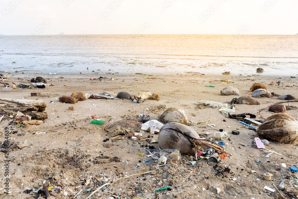 Garbage on the beach, dirty beach in Thailand, outdoor day light ...