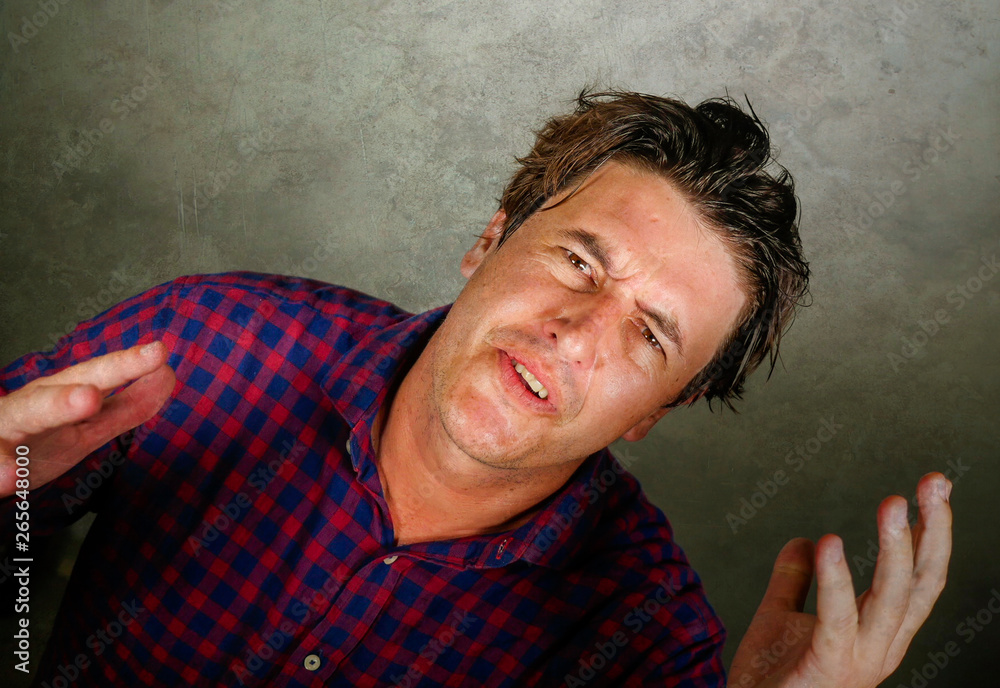 desperate and stressed sweaty white man feeling upset and complaining ...