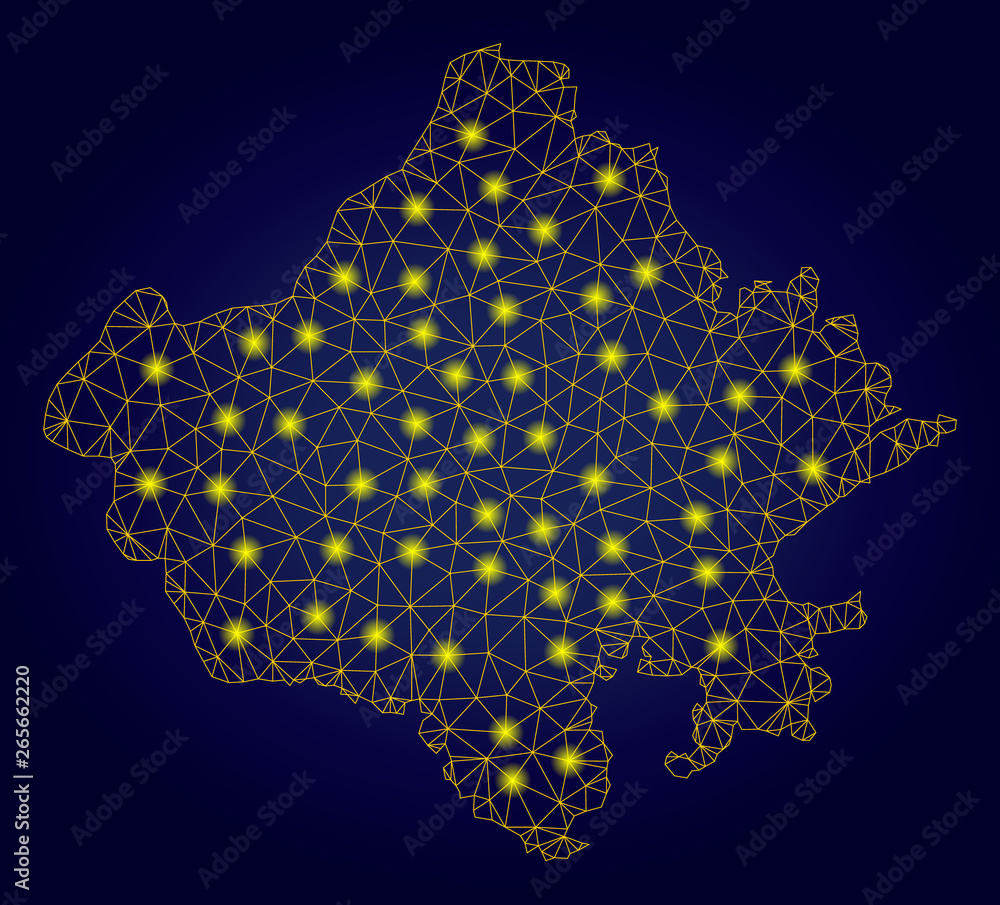Yellow mesh vector Rajasthan State map with glare effect on a dark blue ...