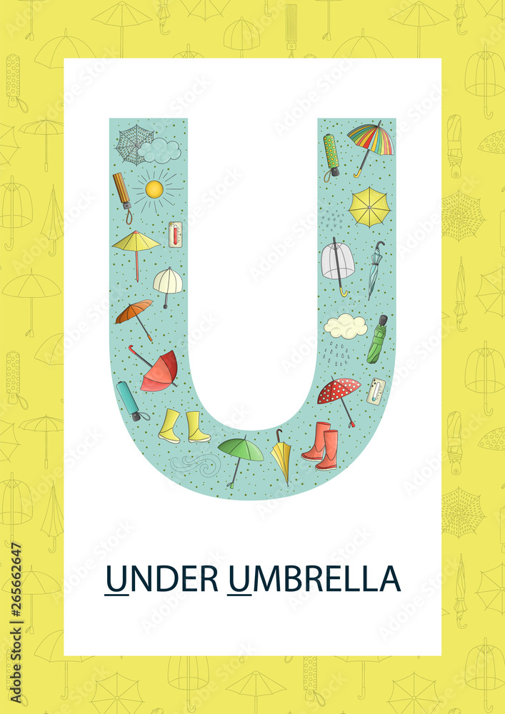 Colorful alphabet letter U. Phonics flashcard. Cute letter U for ...