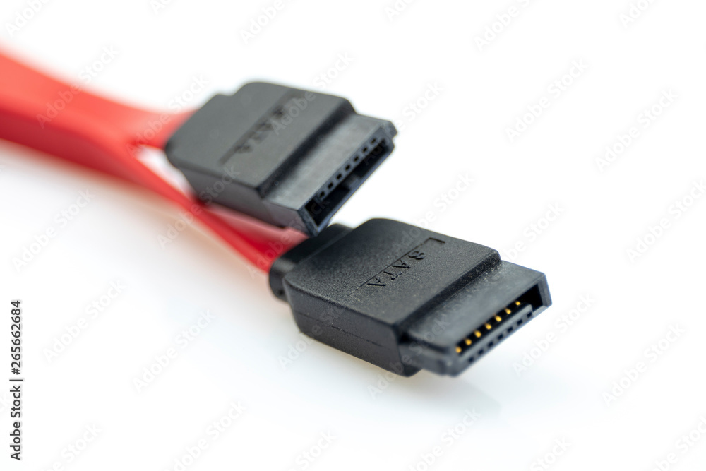 PC SATA hard disk drive cable with connectors. Isolated on white ...