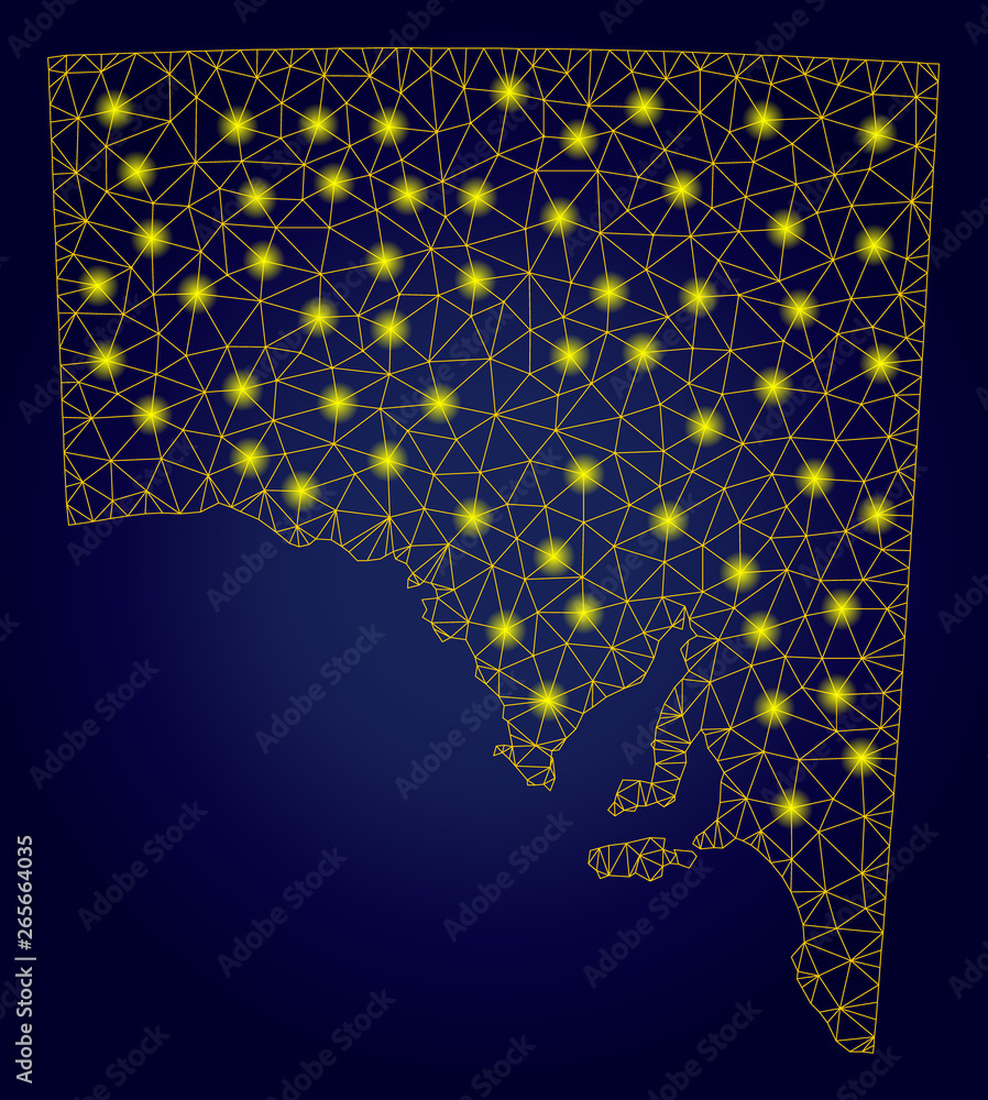 Yellow mesh vector South Australia map with glare effect on a dark blue ...