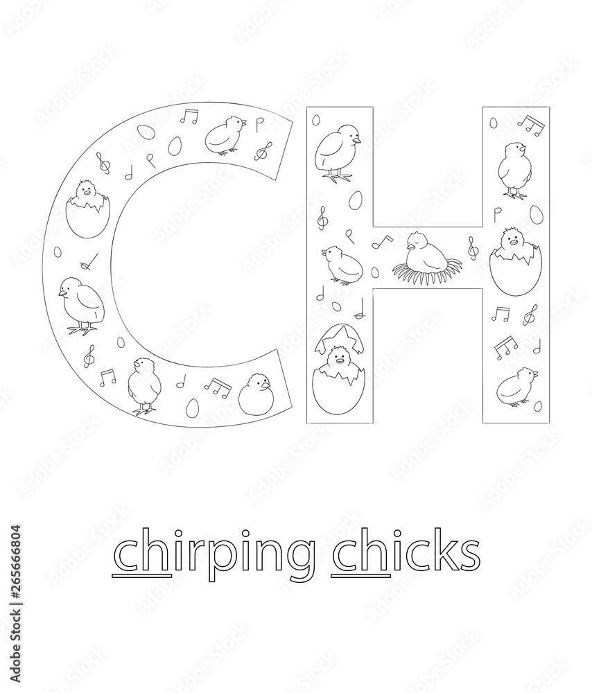 Black and white alphabet letter C. Phonics flashcard. Cute CH sound for ...