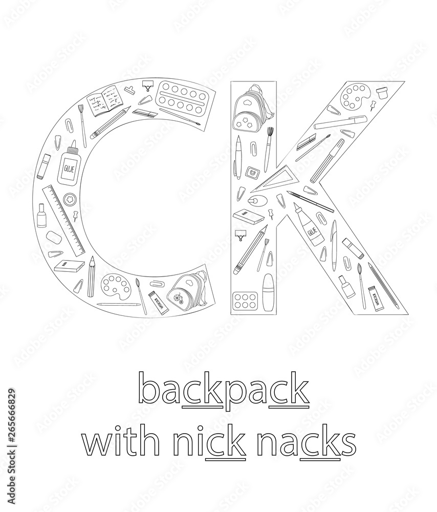 Black and white alphabet letter C. Phonics flashcard. Cute CK sound for ...