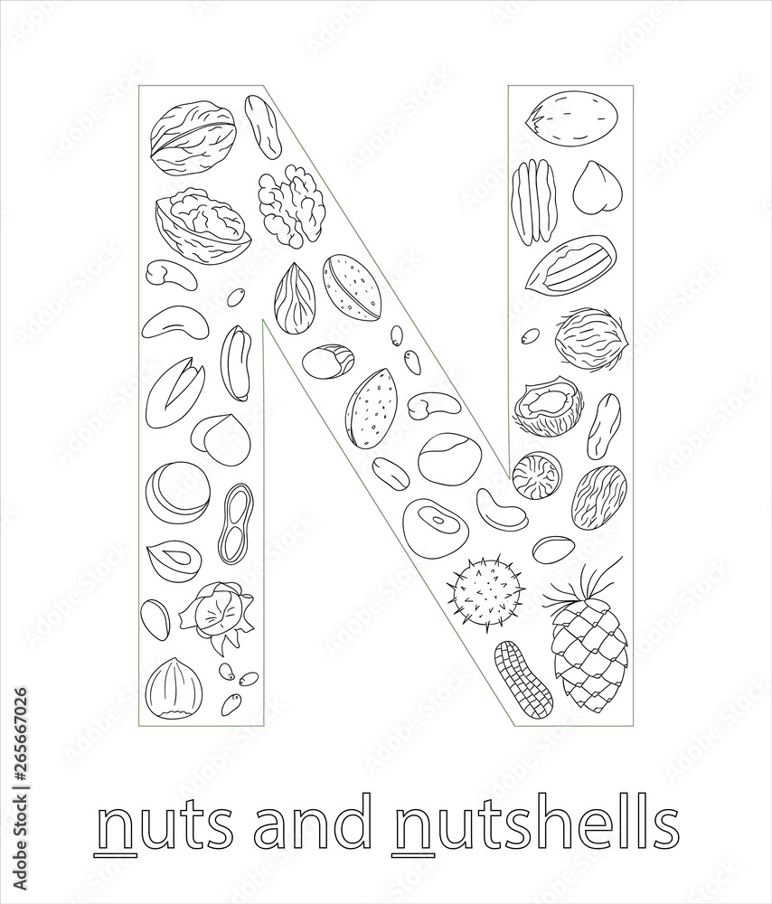 Vetor de Black and white alphabet letter N. Phonics flashcard. Cute ...