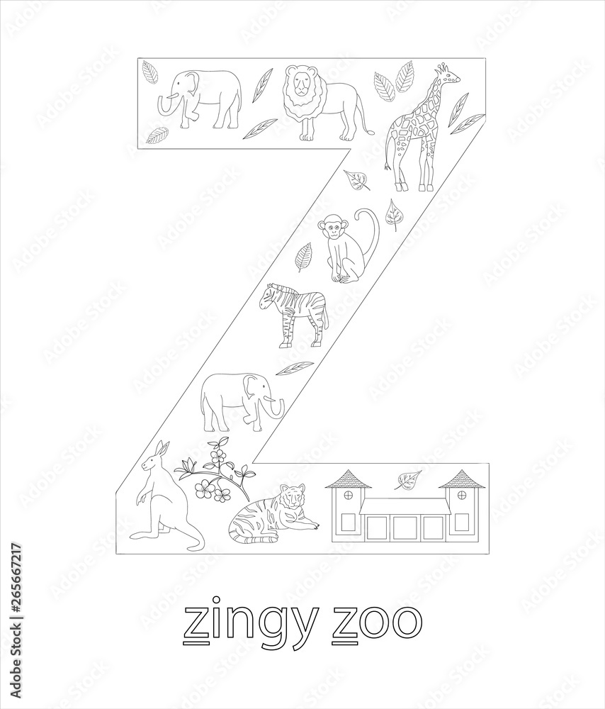 Black and white alphabet letter Z. Phonics flashcard. Cute letter Z for ...