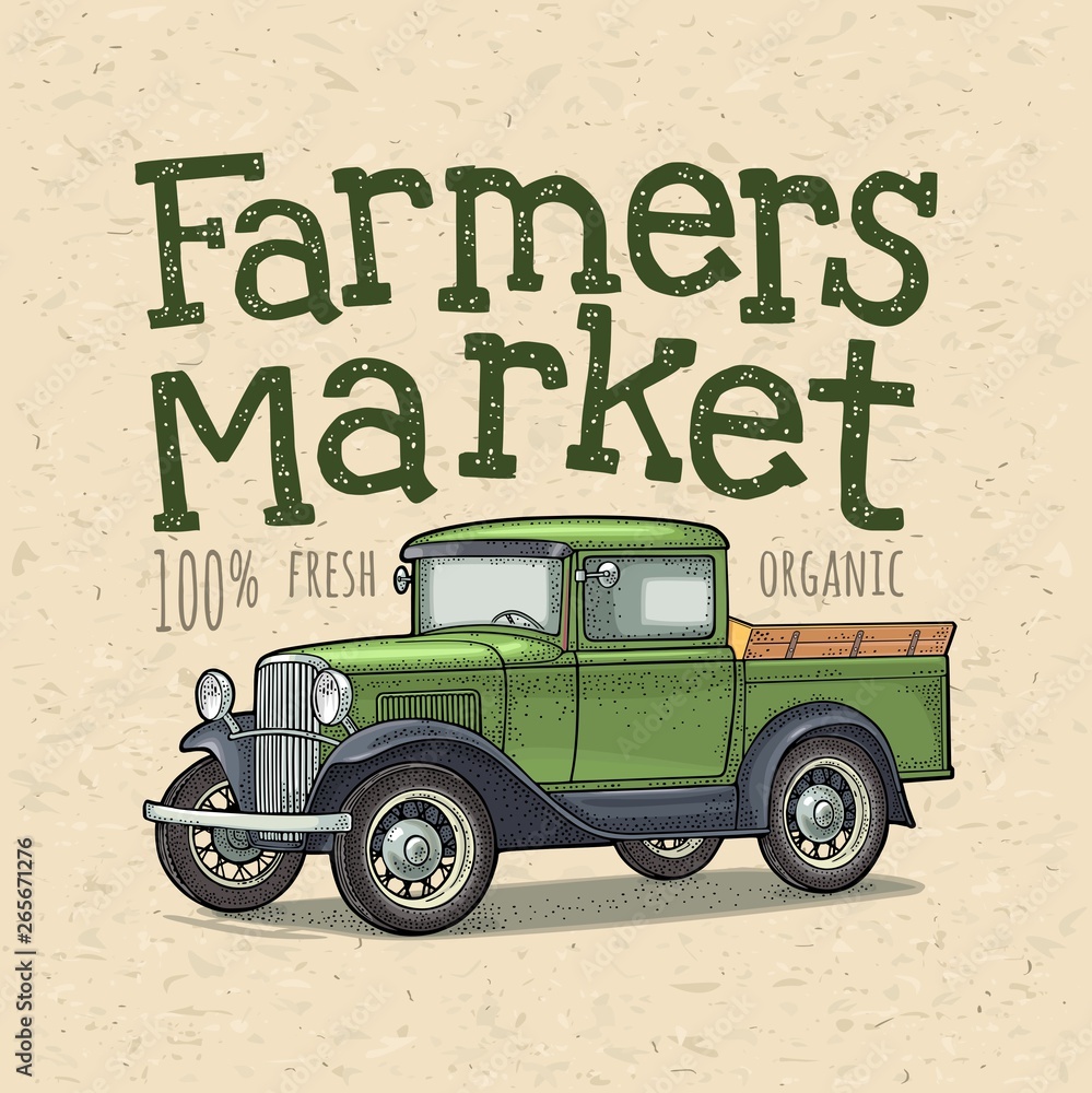 Retro pickup truck engraving. Handwriting lettering Farmers market ...
