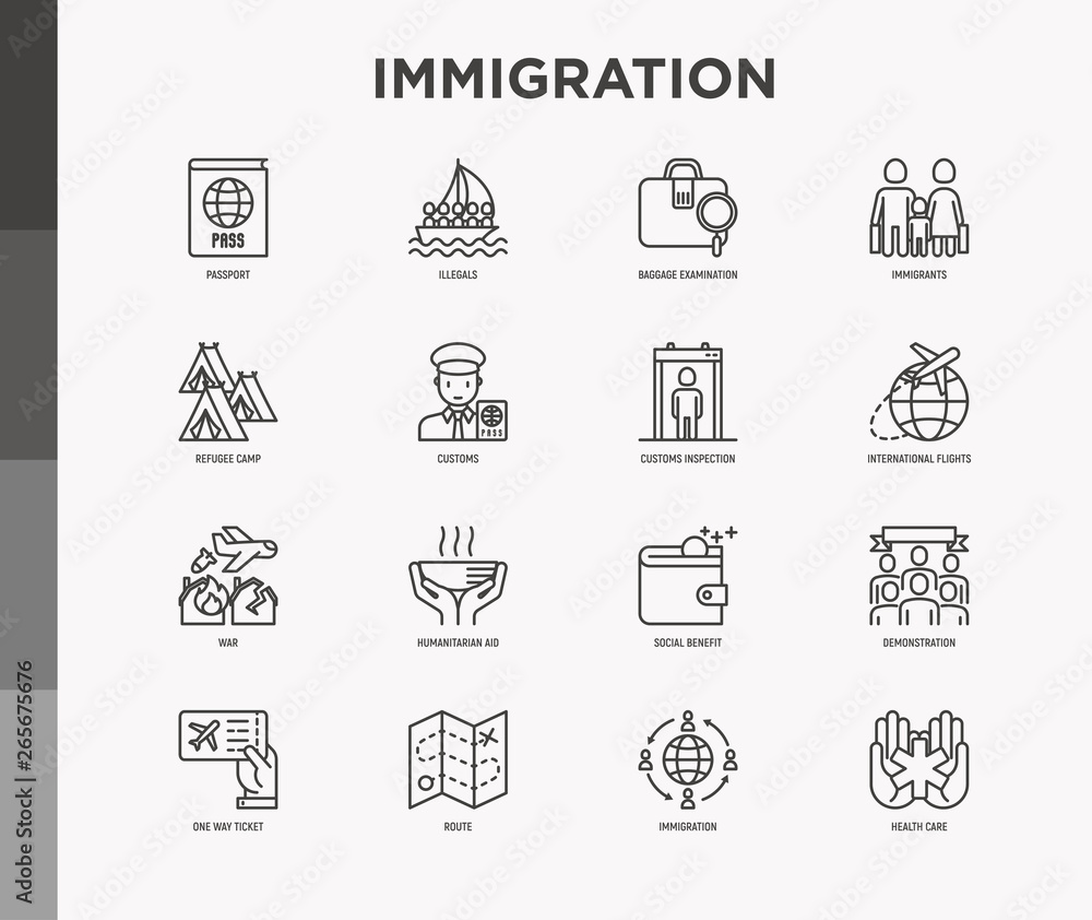 Immigration thin line icons set: immigrants, illegals, baggage ...