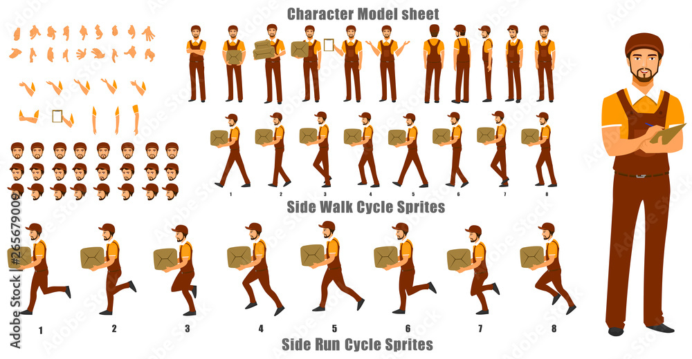 Courier Person Character Model sheet with Walk cycle and Run cycle ...