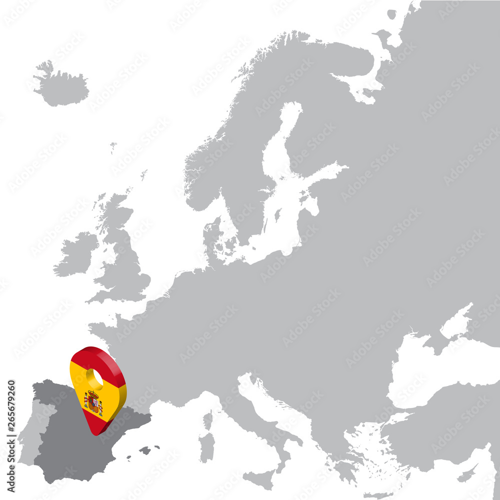 Spain Location Map on map Europe. 3d Spain flag map marker location pin ...