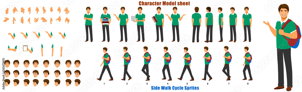 Student Character Model sheet with Walk cycle Animation Sequence Stock ...
