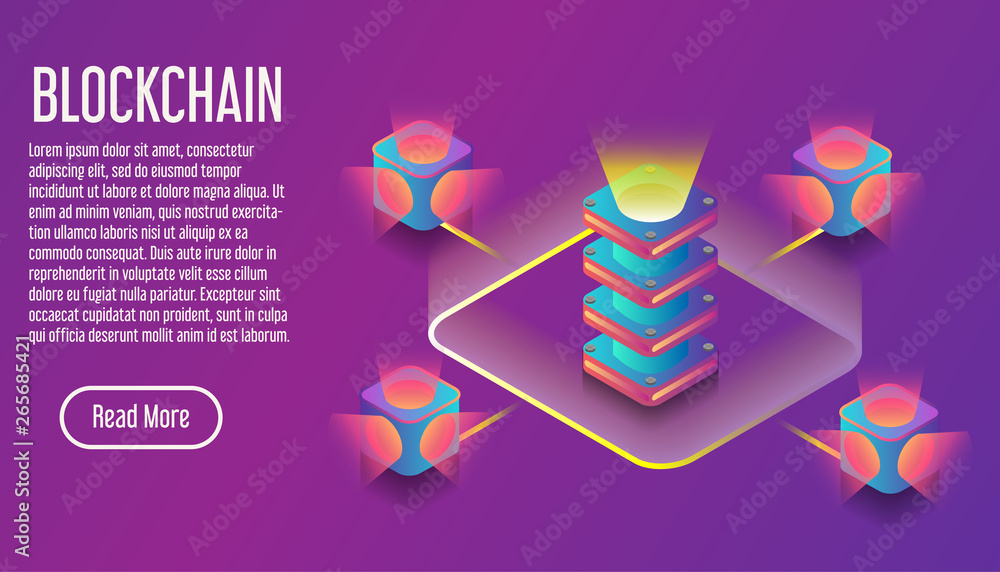 Blockchain isometric 3D virual commerce banner. Design service ...