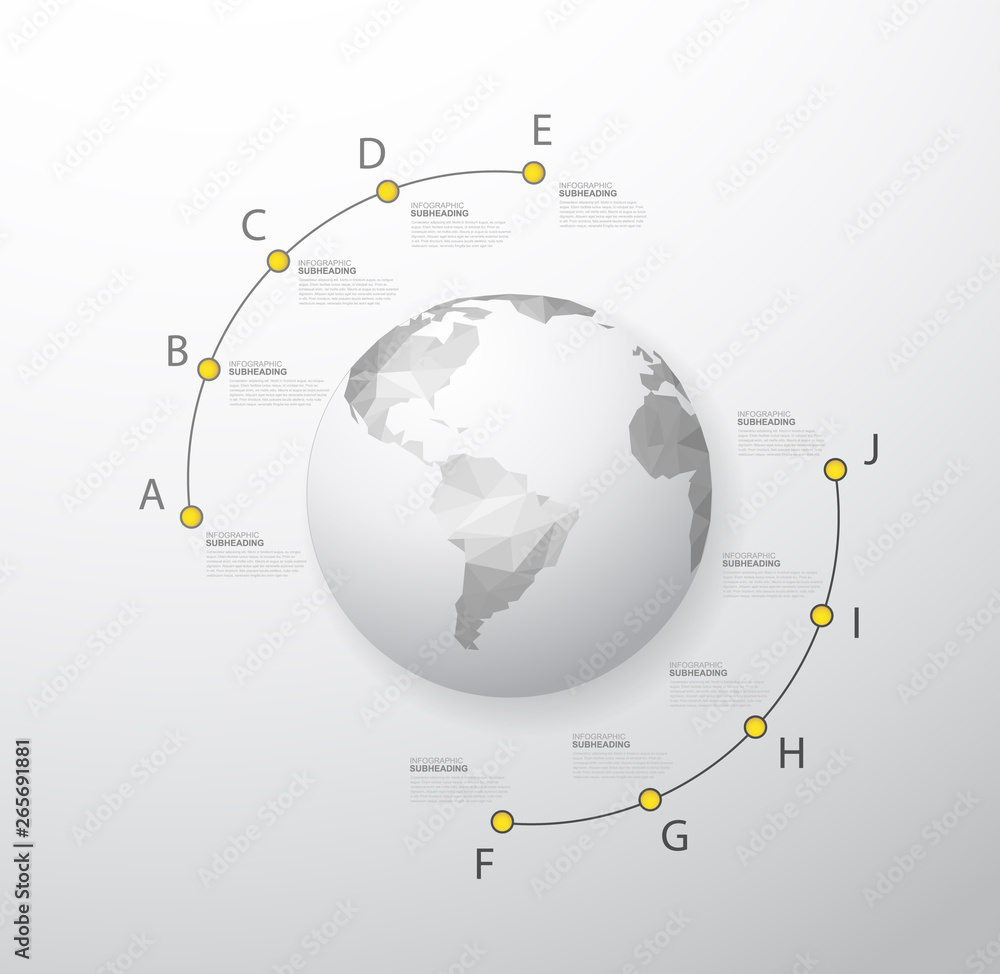 Infographic mind map vector template with polygonal world map and place ...