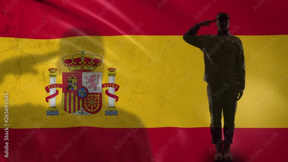 Spanish soldier silhouette saluting against national flag, military ...
