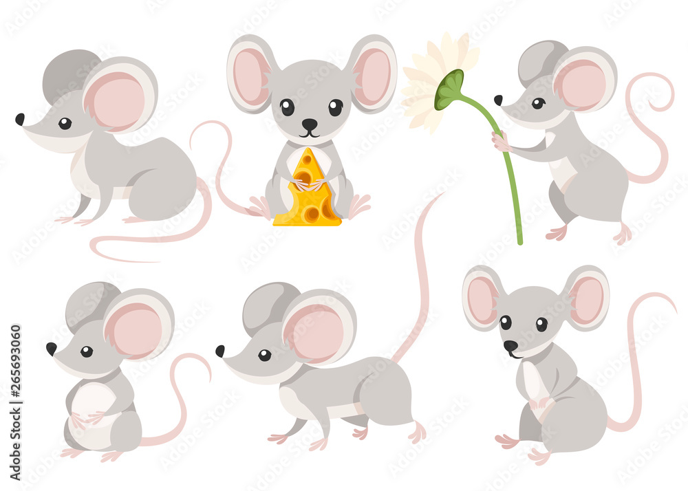 Cute cartoon mouse set. Funny little grey mouse collection. Emotion ...