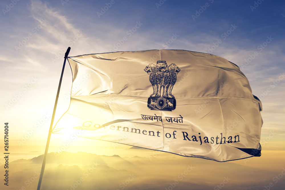 Rajasthan state of India flag waving on the top sunrise mist fog Stock ...