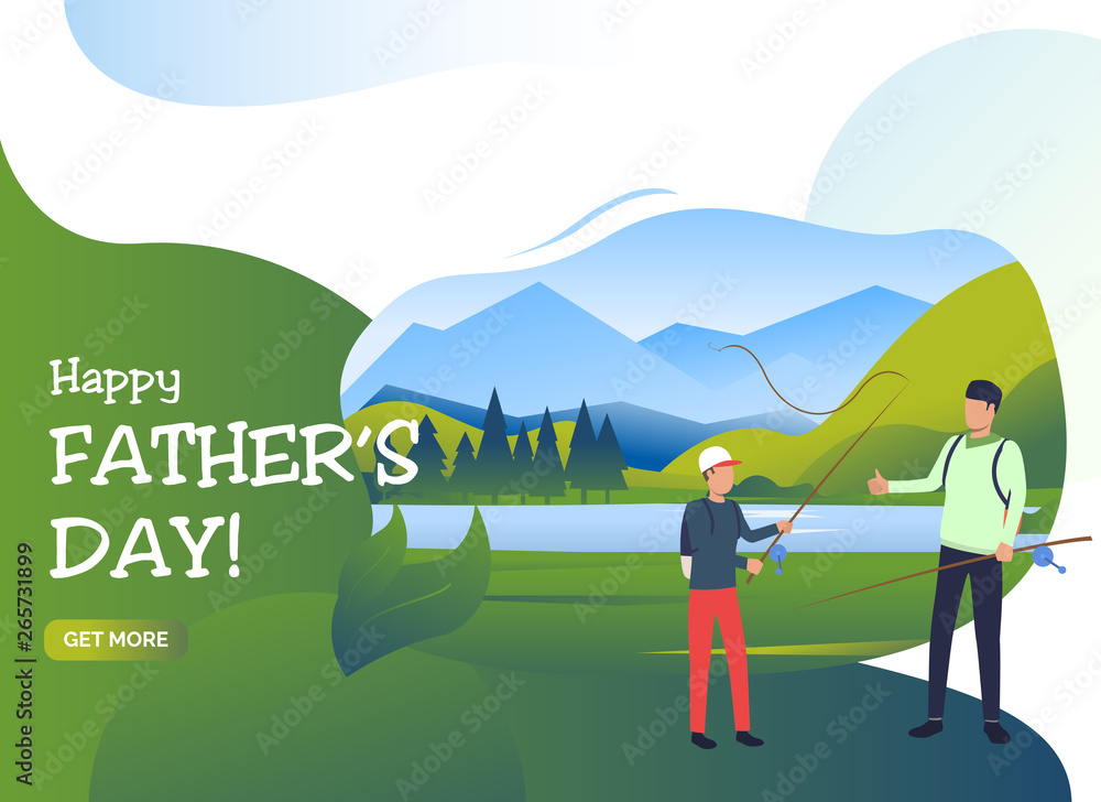 Happy Fathers Day lettering, dad and son holding fishing rods. Holiday ...