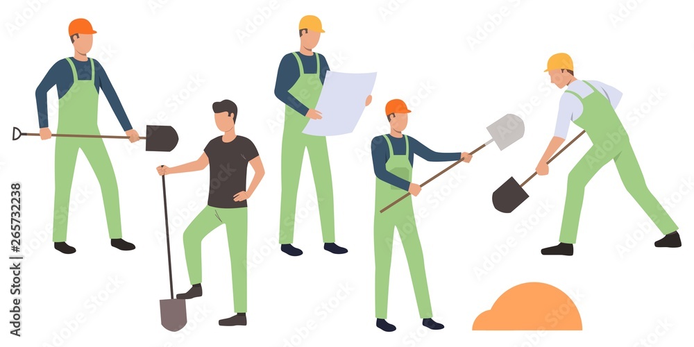 Set of men digging grounds. Group of construction workers using shovels ...