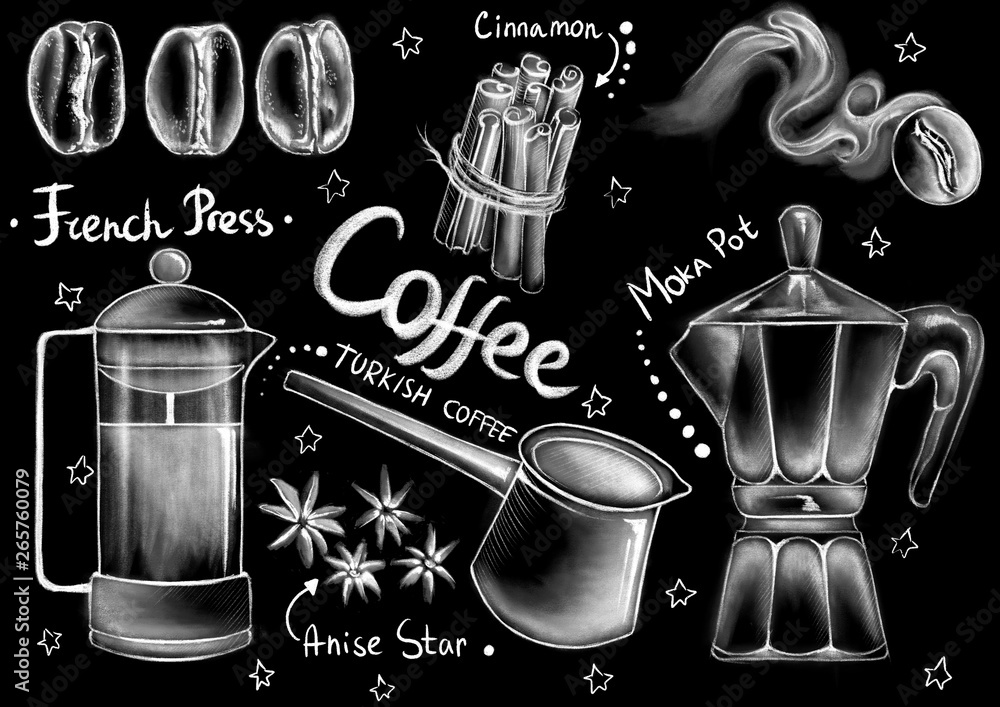 White cafe menu. Chalk drawn style food, package and calligraphy words ...