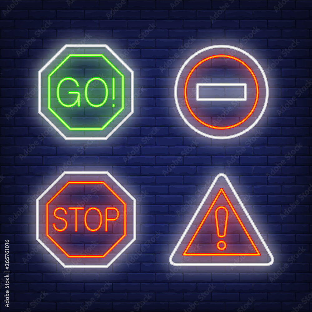 Exclamation mark, go and stop traffic neon signs set Stock Vector ...