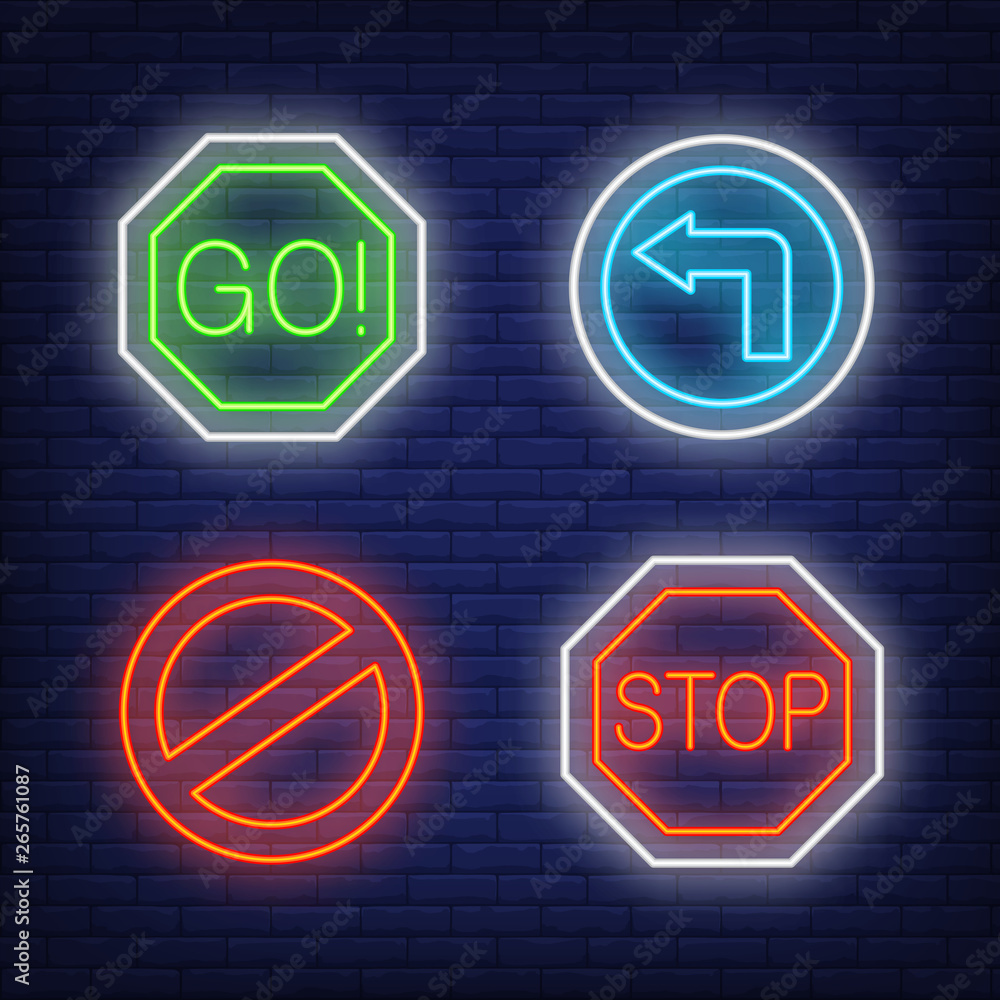 Go, stop, no parking, turn left traffic neon signs set Stock Vector ...