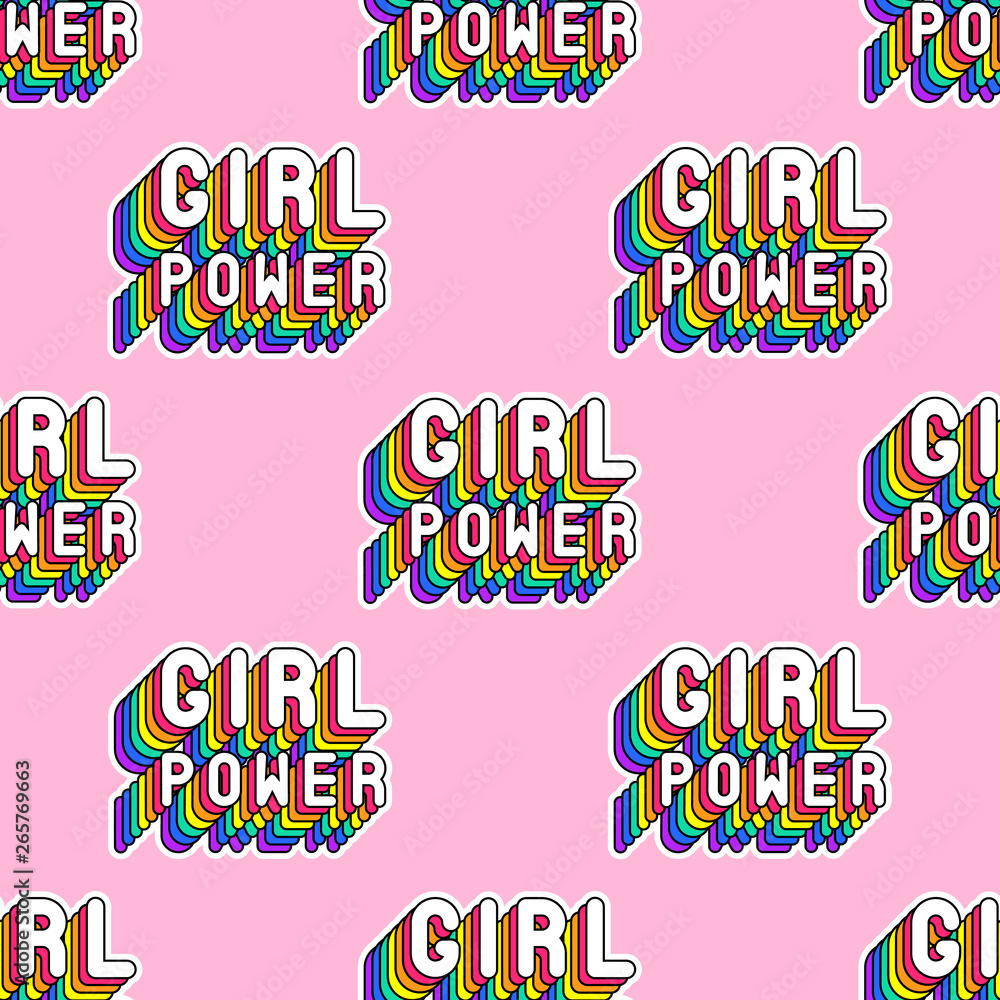 Seamless pattern with word patches "Girl Power”. Pink background. Stock ...