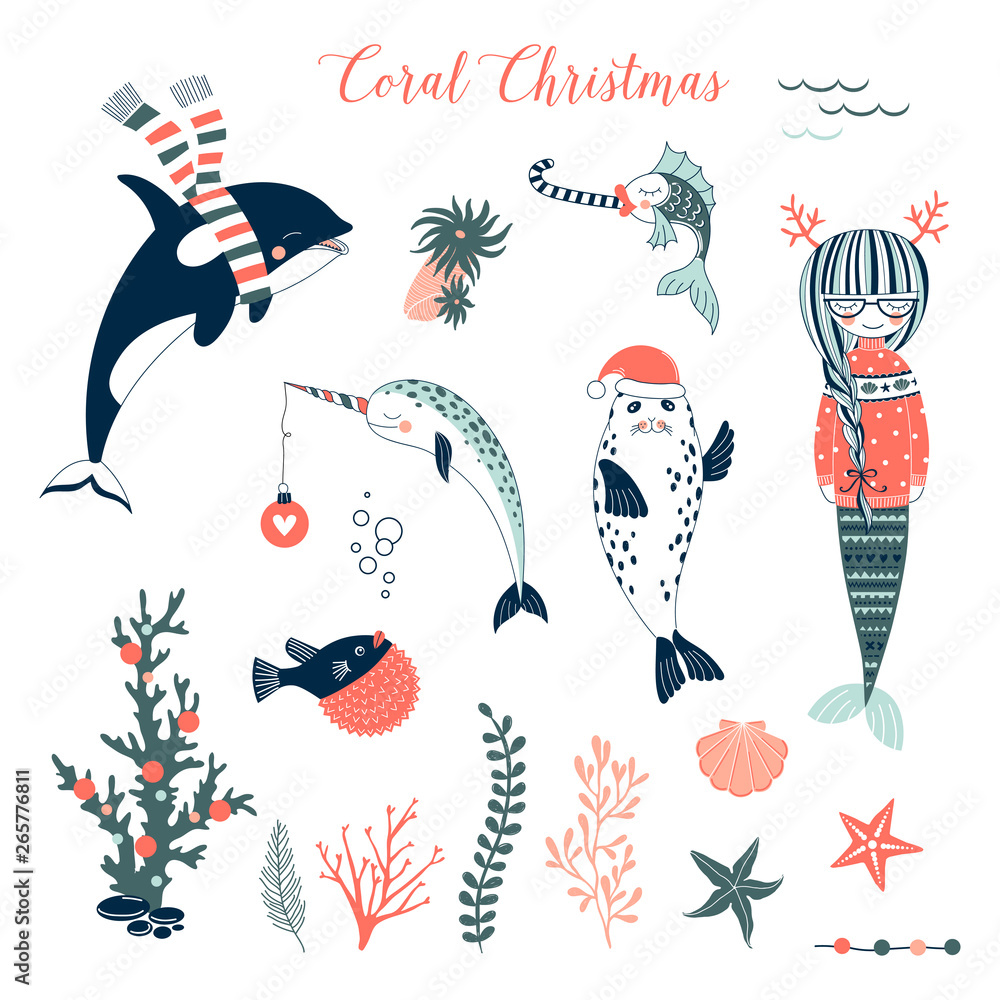 Sea Christmas concept clip arts set. Mermaid in pullover, seal in Santa ...