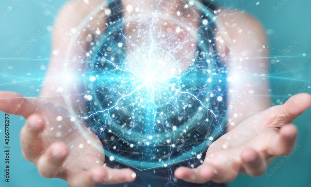 Woman creating renewable and sustainable eco energy with electrical ...